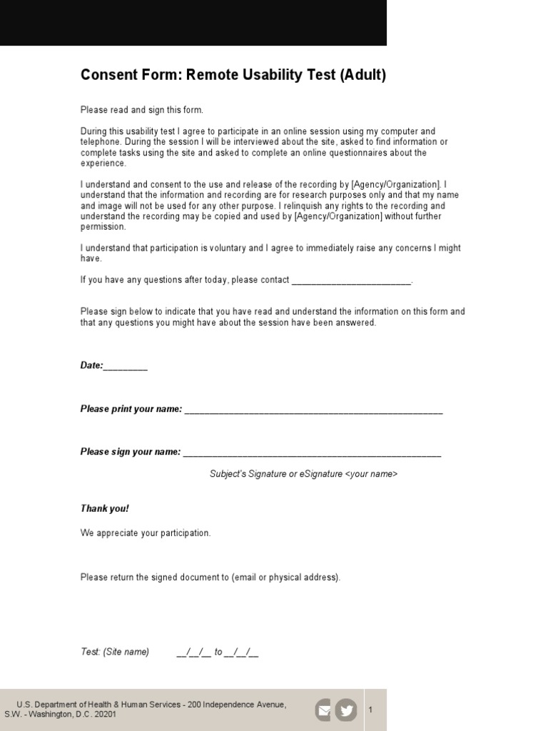 Consent Form Remote Usability Test Adult | PDF