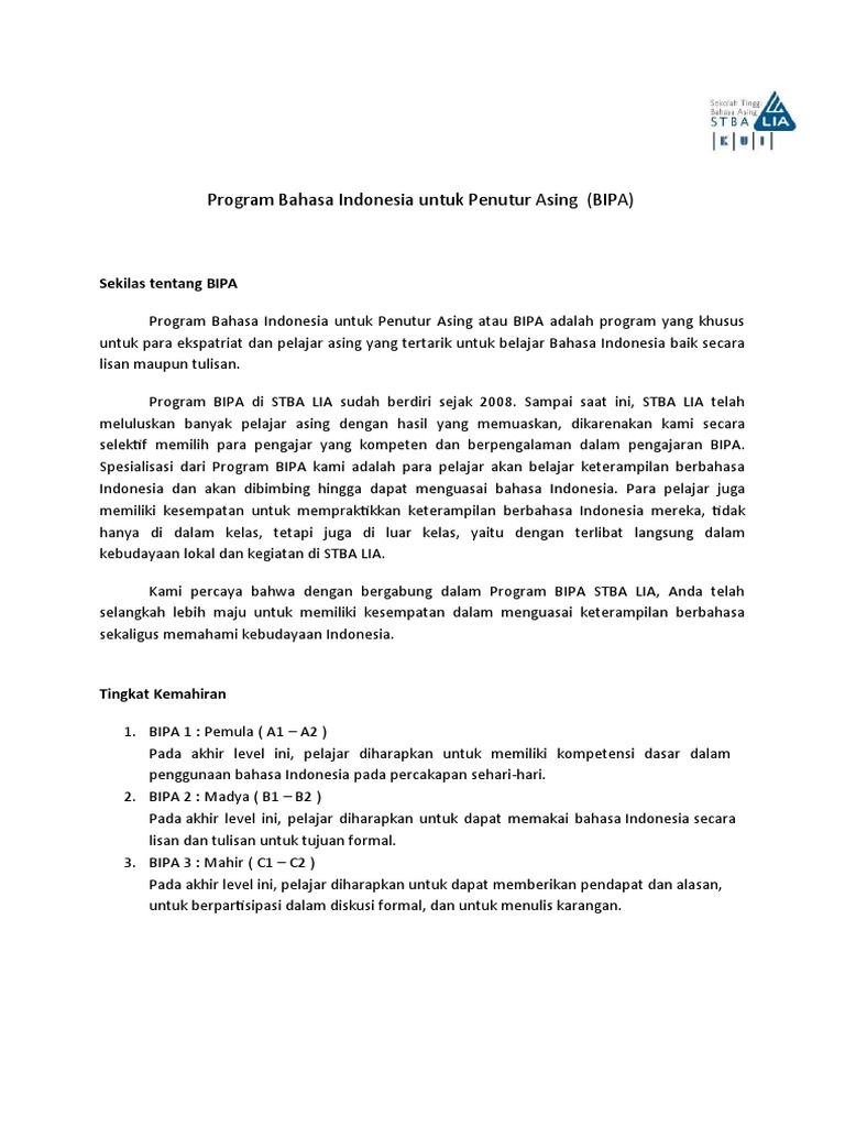 Program Bahasa Indonesia Untuk Penutur Asing Bipa | PDF