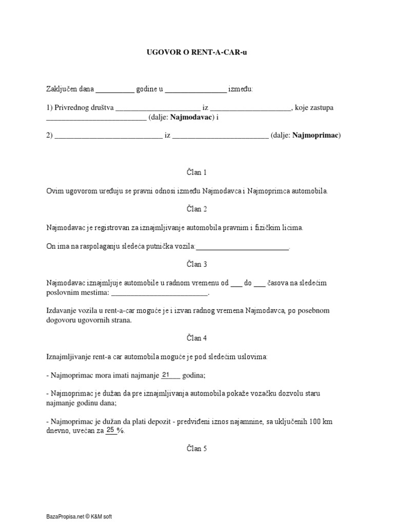 Ugovor O Rent-A-Car-U | PDF
