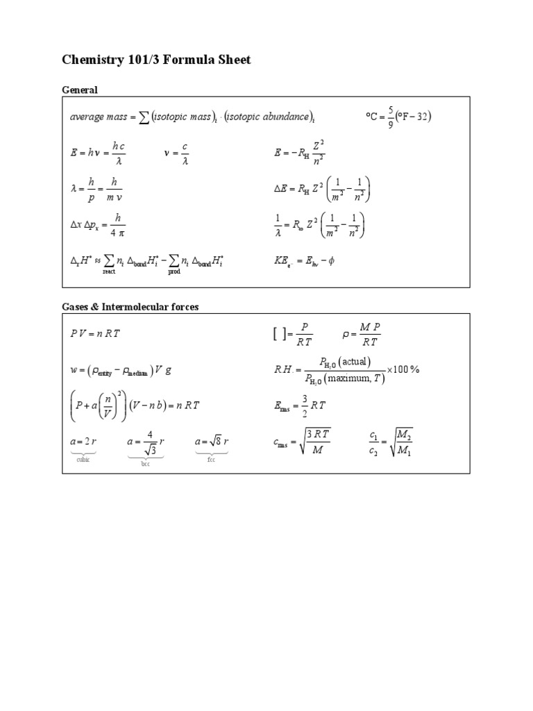 Chemistry 101/3 Formula Sheet | Download Free PDF | Chemistry | Analytical Chemistry
