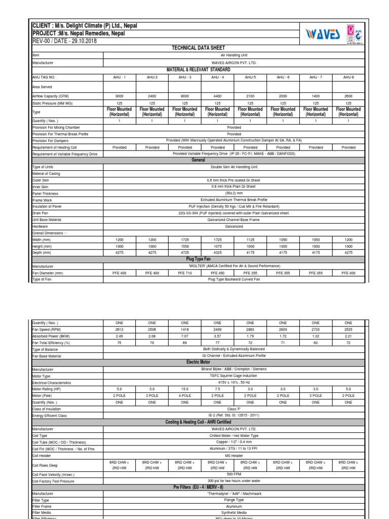 AHU Technical Data Sheet Overview | PDF | Electric Motor | Electricity