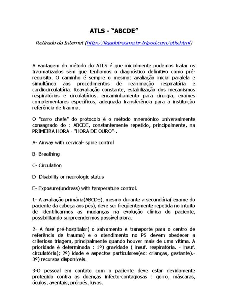 Protocolo ATLS: Avaliação ABCDE do Trauma | PDF | Queimadura | Remédio