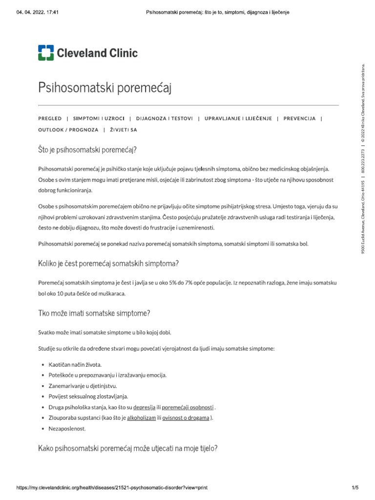 Psihosomatski Poremecaj - Što Je To, Simptomi, Dijagnoza I Lijecenje | PDF