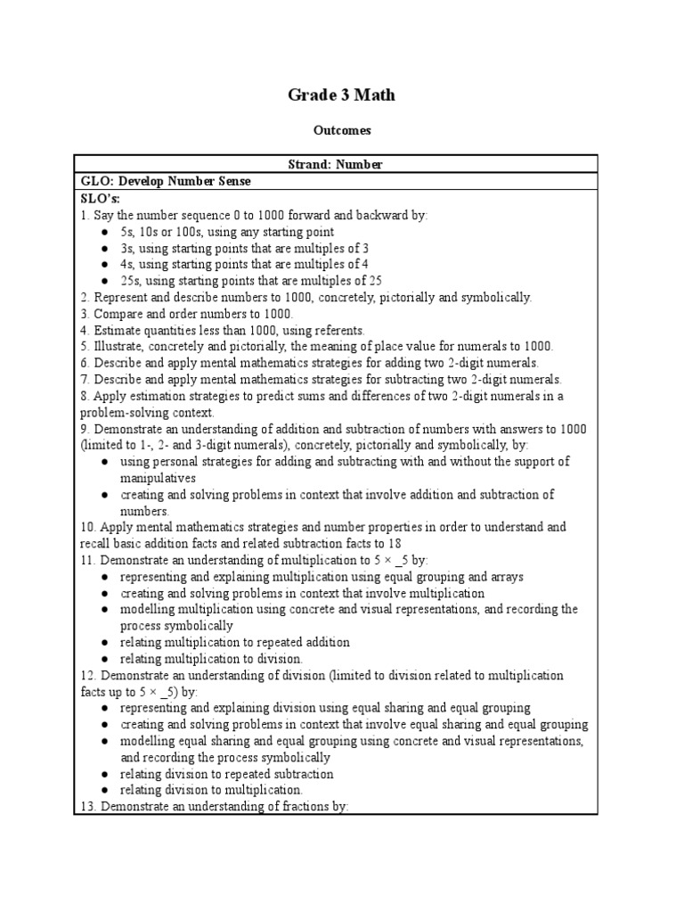 Grade 3 Math: Outcomes Strand: Number GLO: Develop Number Sense SLO's ...