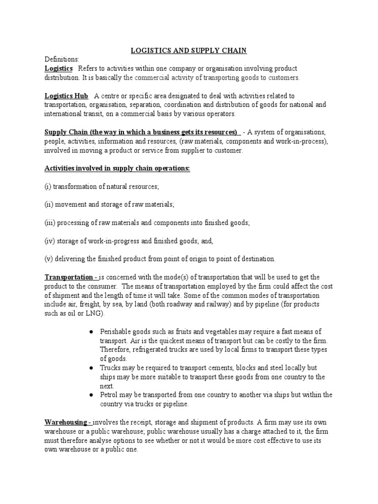 LOGISTICS AND SUPPLY CHAIN-POB Notes | PDF | Warehouse | Logistics