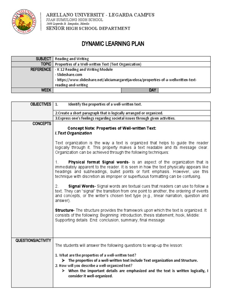 DLP 6 Organization - Properties of Well-Written Text | PDF ...
