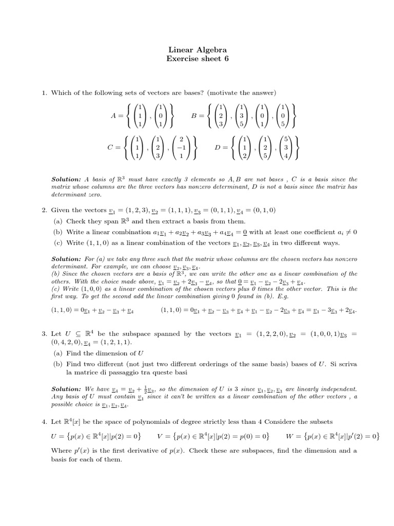 Linear Algebra Exercise Sheet 6 | PDF | Basis (Linear Algebra) | Vector ...