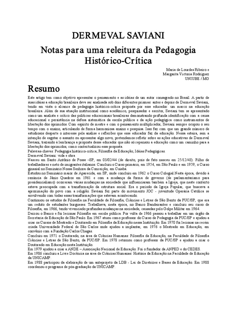 Saviani Biografia | PDF | Pedagogia | Sociologia