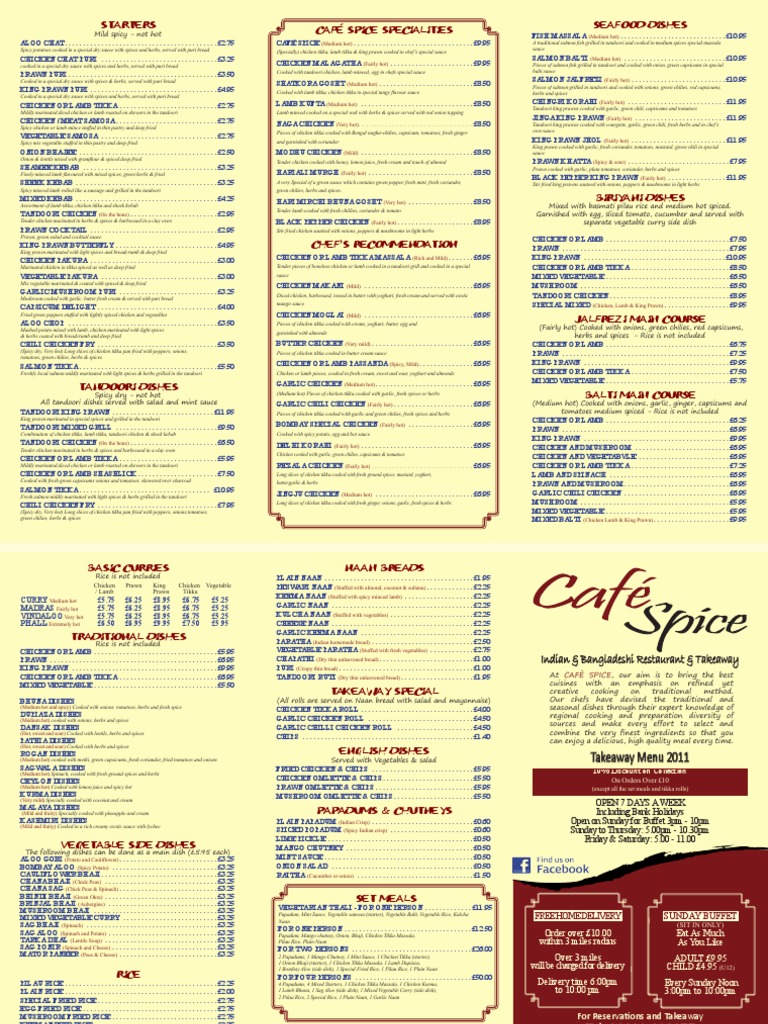 Cafe Spice Take Away Menu 2011 | PDF | Kebab | Curry