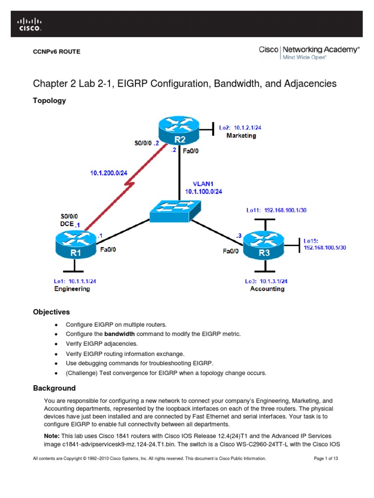 Ccnpv6 Route Lab2-1 Eigrp Config Student | PDF | Routing | Router (Computing)