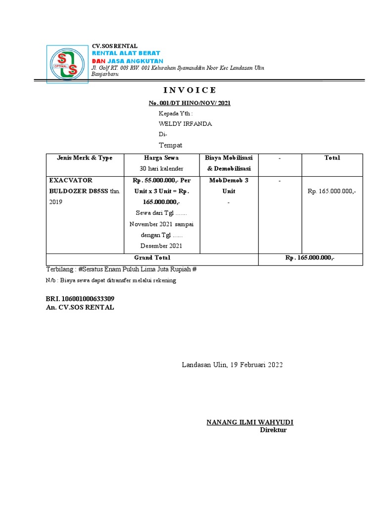 Invoice Sewa Alat Berat CV.SOS RENTAL | PDF