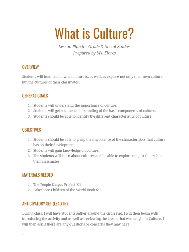 What Is Culture?: Lesson Plan For Grade 3, Social Studies Prepared by ...