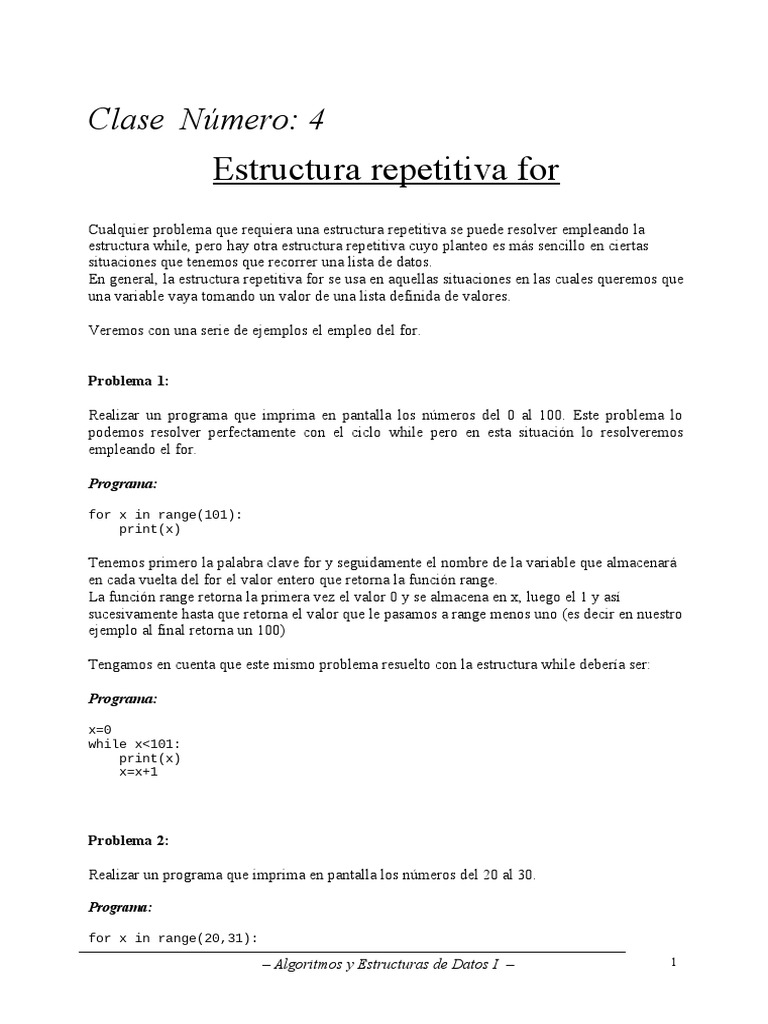 Estructura Repetitiva For en Programación | PDF | Python (lenguaje de programación) | Algoritmos