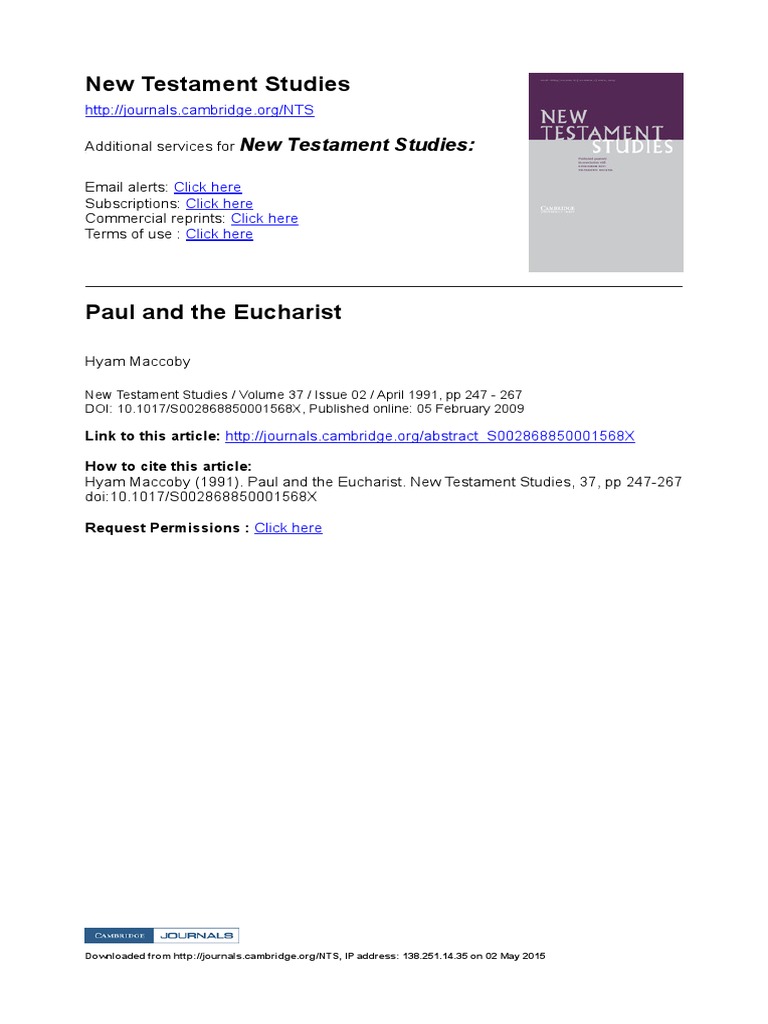 Hyam Maccoby (1991) - Paul and The Eucharist. New Testament Studies 37 ...