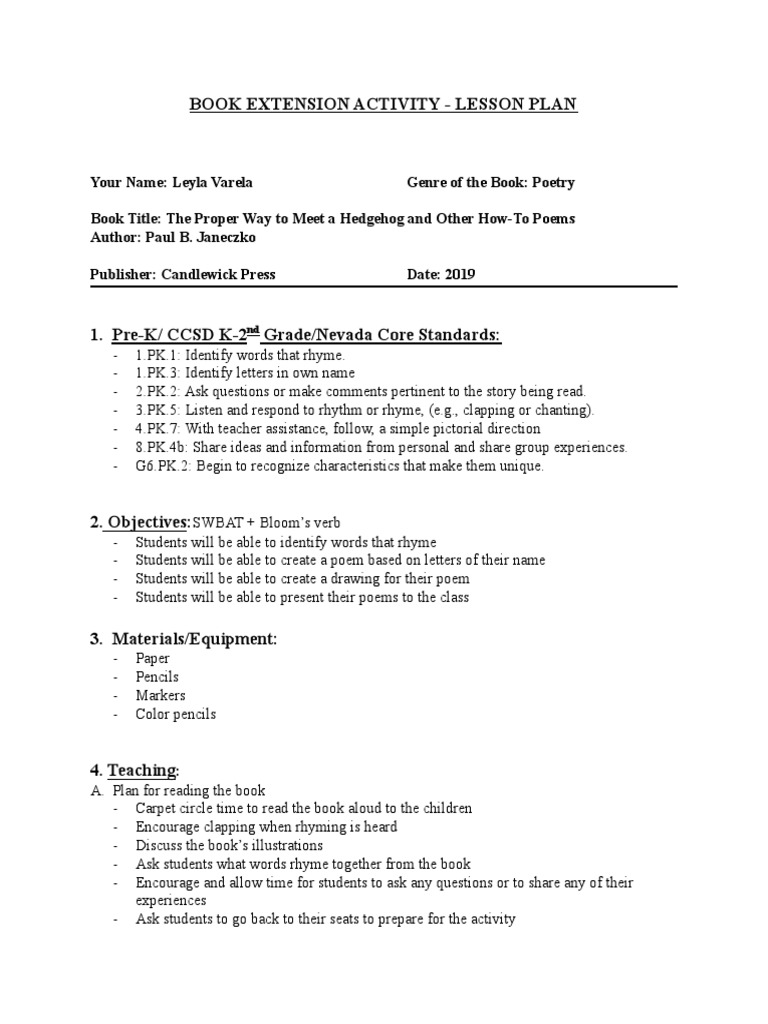 Book Extension Activity - Lesson Plan | PDF | Poetry | Books