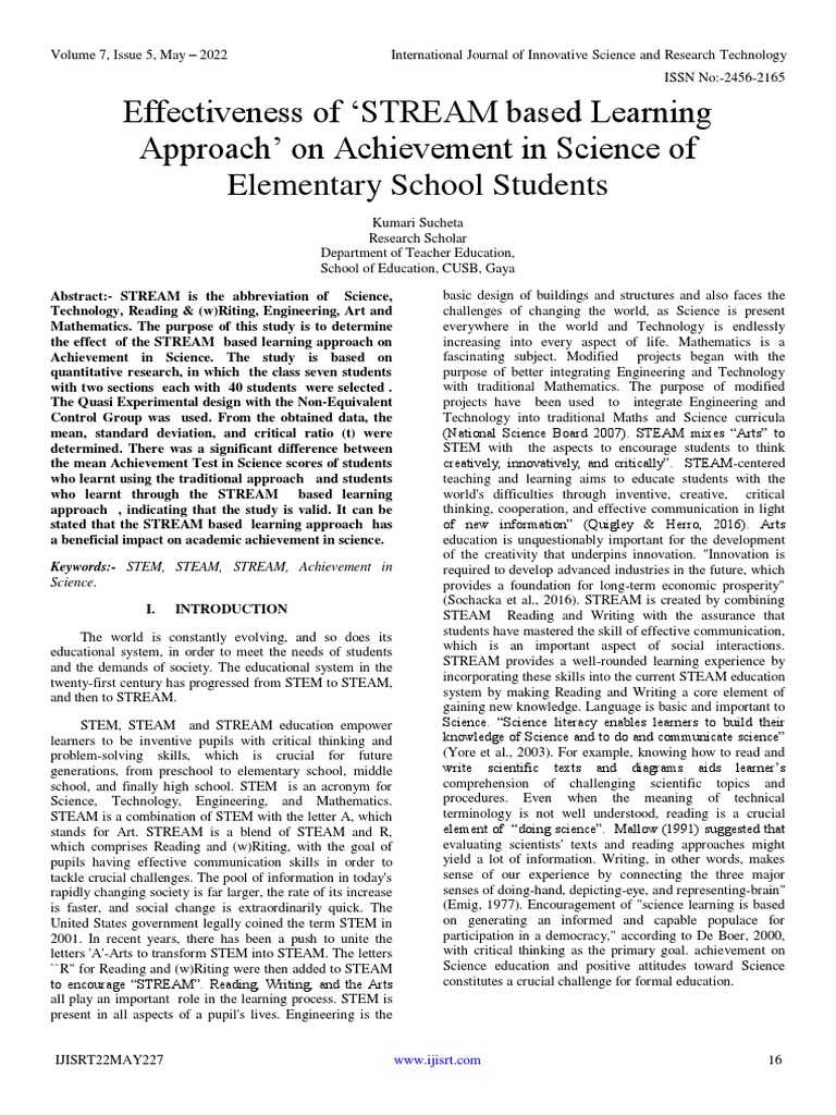 Effectiveness of STREAM Based Learning Approach' On Achievement in ...