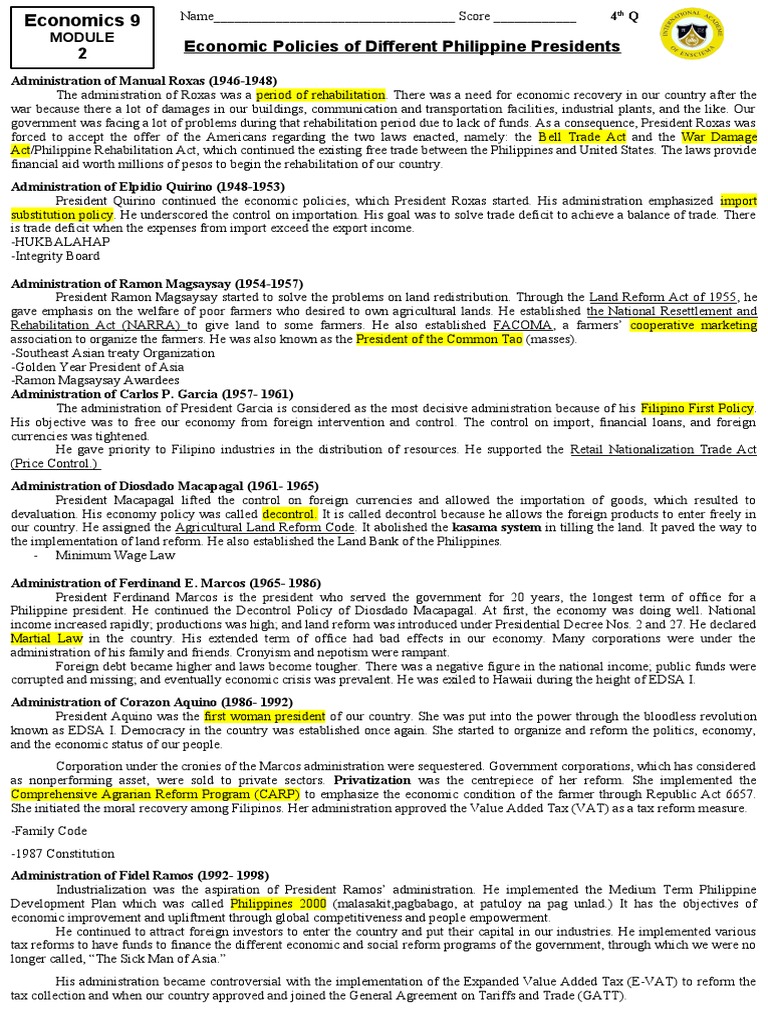 Economic Policies of Philippine Presidents | PDF | Philippines ...