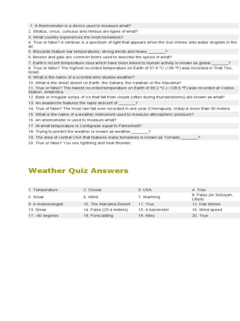 Weather Quiz: Questions & Answers | PDF | Science & Mathematics