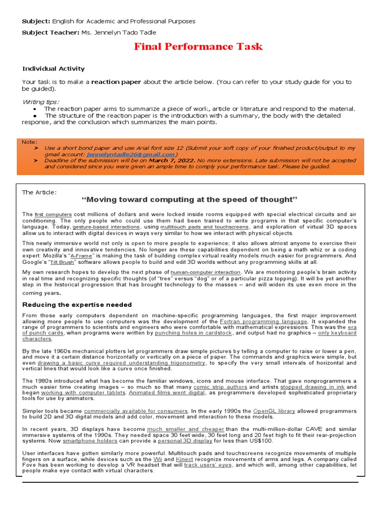 Final Performance Task: "Moving Toward Computing at The Speed of Thought" | PDF | Virtual ...