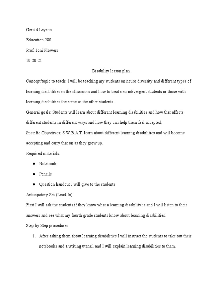 Disabilities Lesson Plan Gerald Leyson Education 280 | Download Free ...