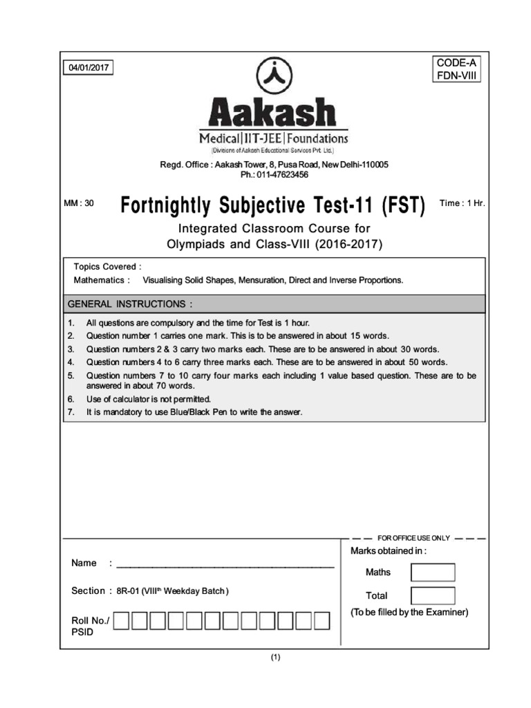 Fortnightly Subjective Test-11 (FST) Fortnightly Subjective Test-11 ...
