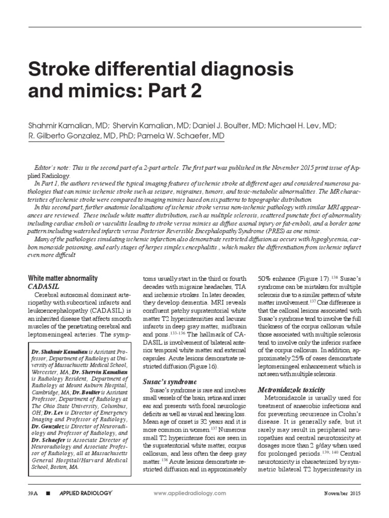 Stroke Differential Diagnosis and Mimics: Part 2 | PDF | Neuroscience ...