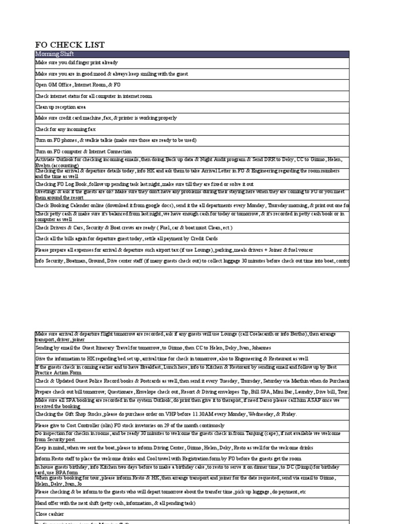 Front Office Daily Check List Form 07062011 | PDF | Invoice | Business