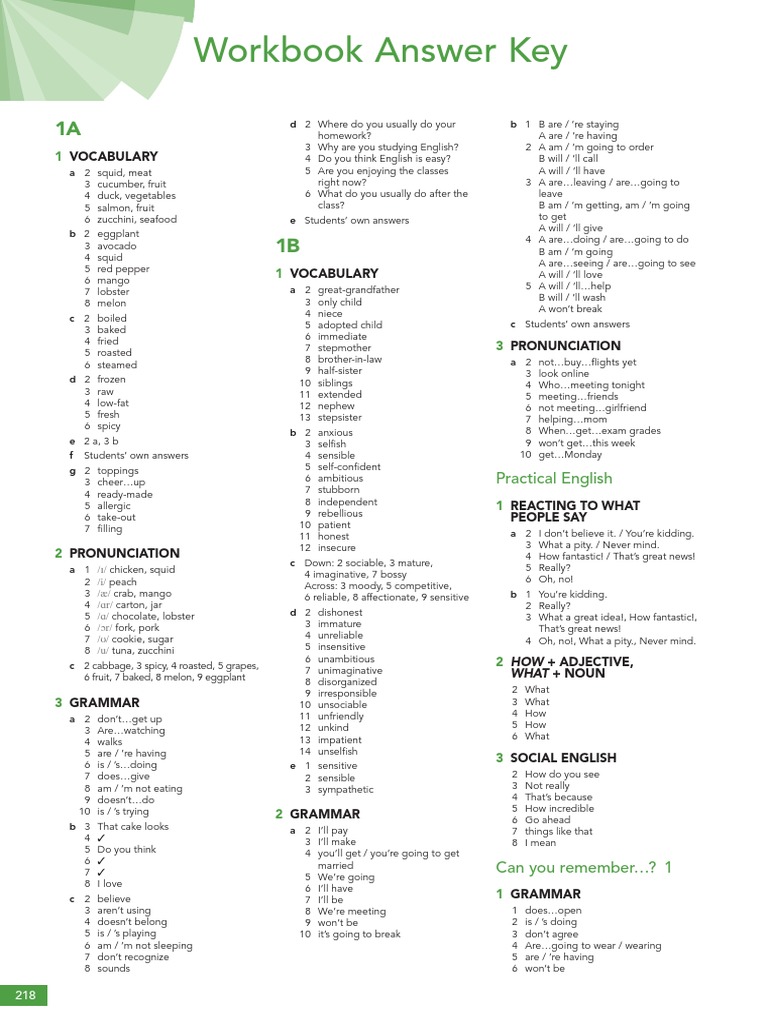 Workbook Answer Key: Vocabulary | PDF