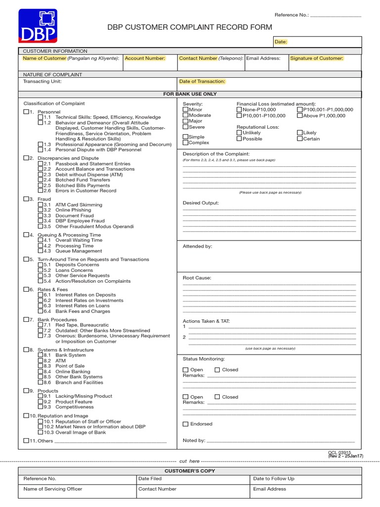 Customer Complaint Record Form | PDF | Banks | Automated Teller Machine