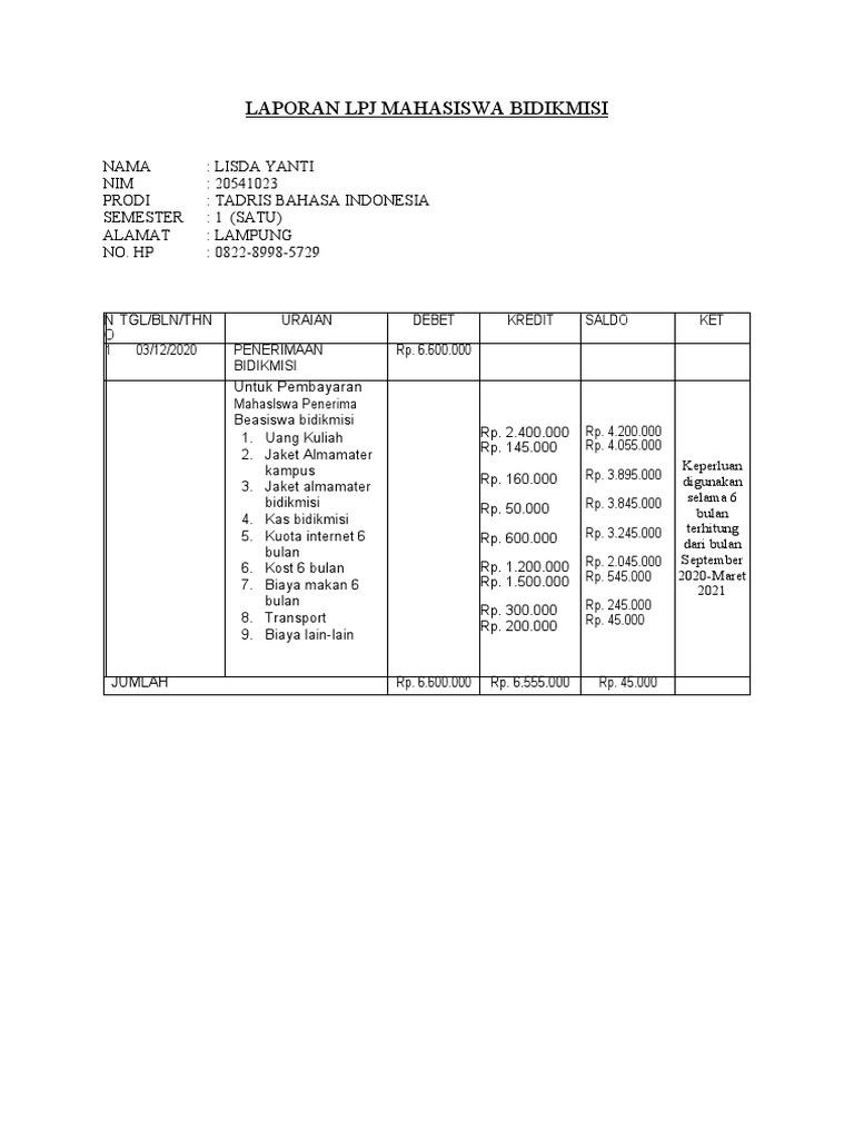 Laporan LPJ Mahasiswa Bidikmisi | PDF