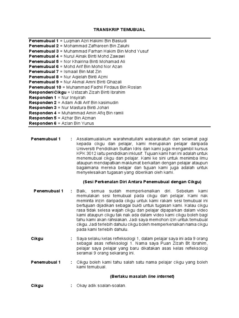Final Transkrip Temubual Bahagian 1 | PDF