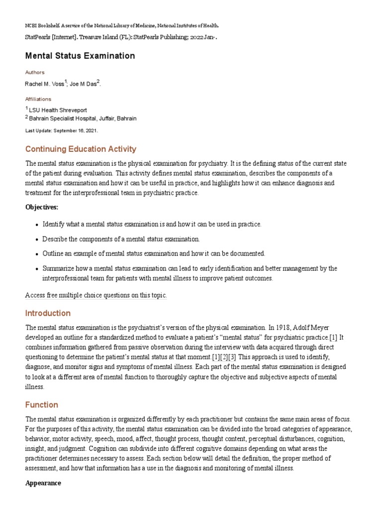 Mental Status Examination - StatPearls - NCBI Bookshelf | PDF ...