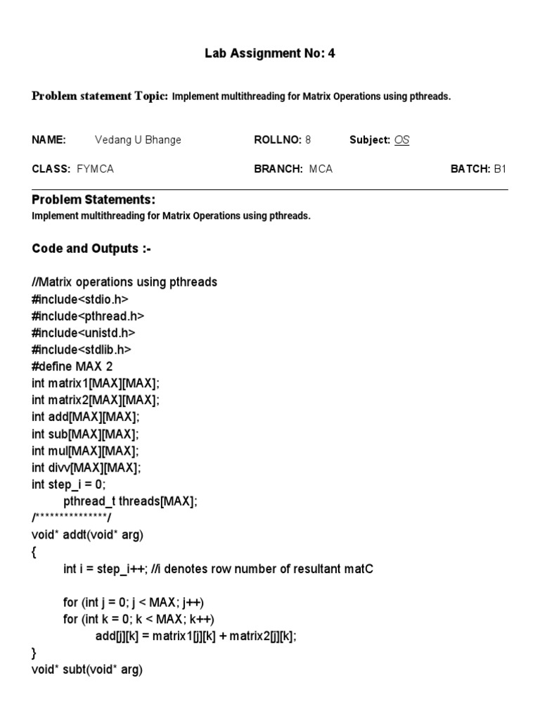 Matrix Operations (+,-, ,/) in C/CPP Using Pthreads | PDF | Thread (Computing) | Software ...