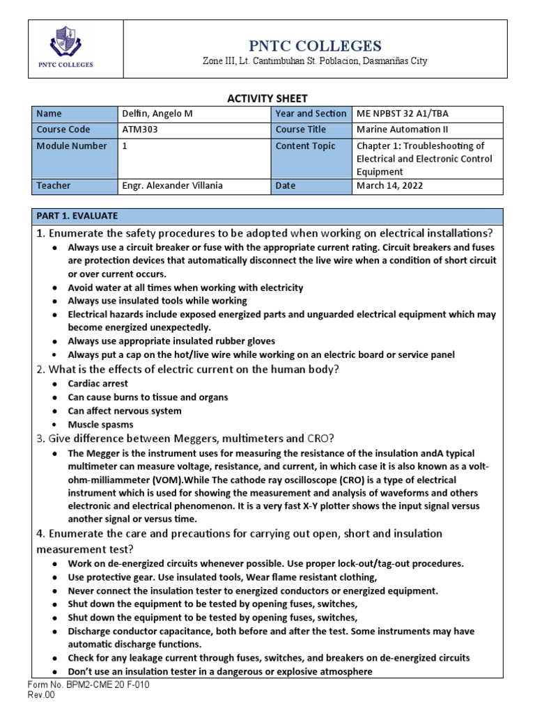 PNTC Colleges: Activity Sheet | PDF | Switch | Fuse (Electrical)