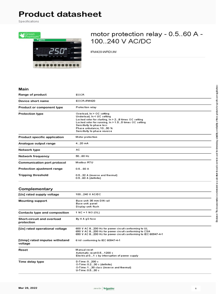 Product Datasheet: Motor Protection Relay - 0.5..60 A - 100..240 V AC ...