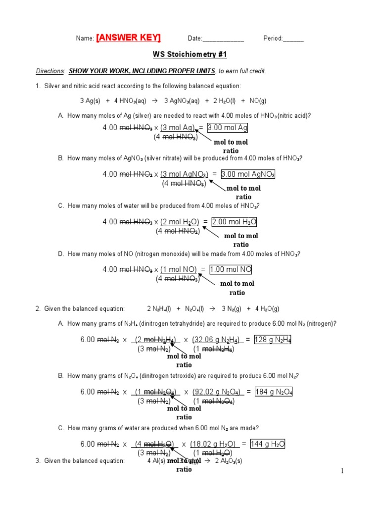 (Answer Key) : WS Stoichiometry #1 | PDF | Nitric Acid | Mole (Unit)