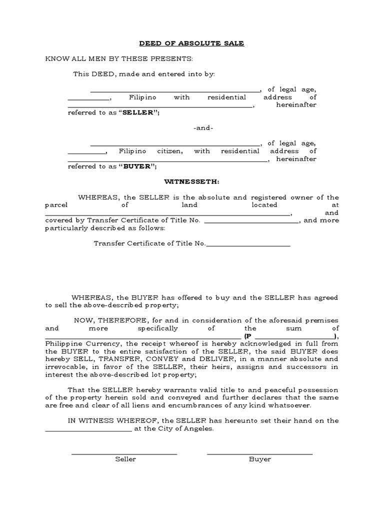 DEED OF ABSOLUTE SALE BLANK | PDF | Deed | Real Estate