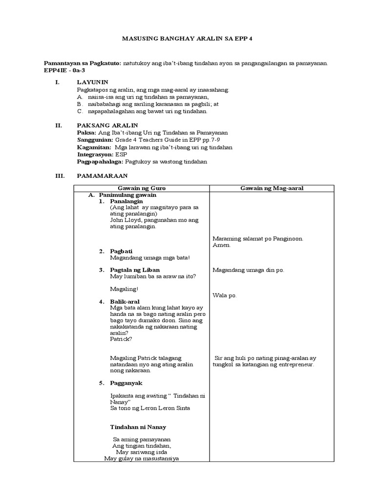 Detalyadong Banghay Aralin Sa Epp4 | PDF