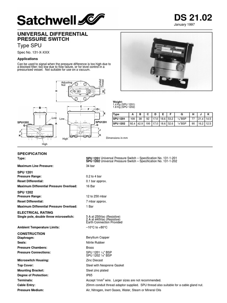 Type SPU: Universal Differential Pressure Switch | PDF | Electrical ...