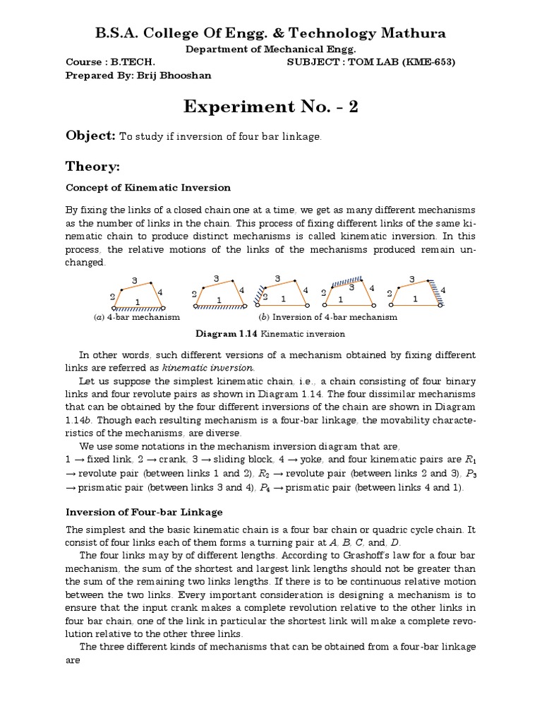 Kinematic Inversion of a Four-Bar Linkage: An Experiment to Study the ...