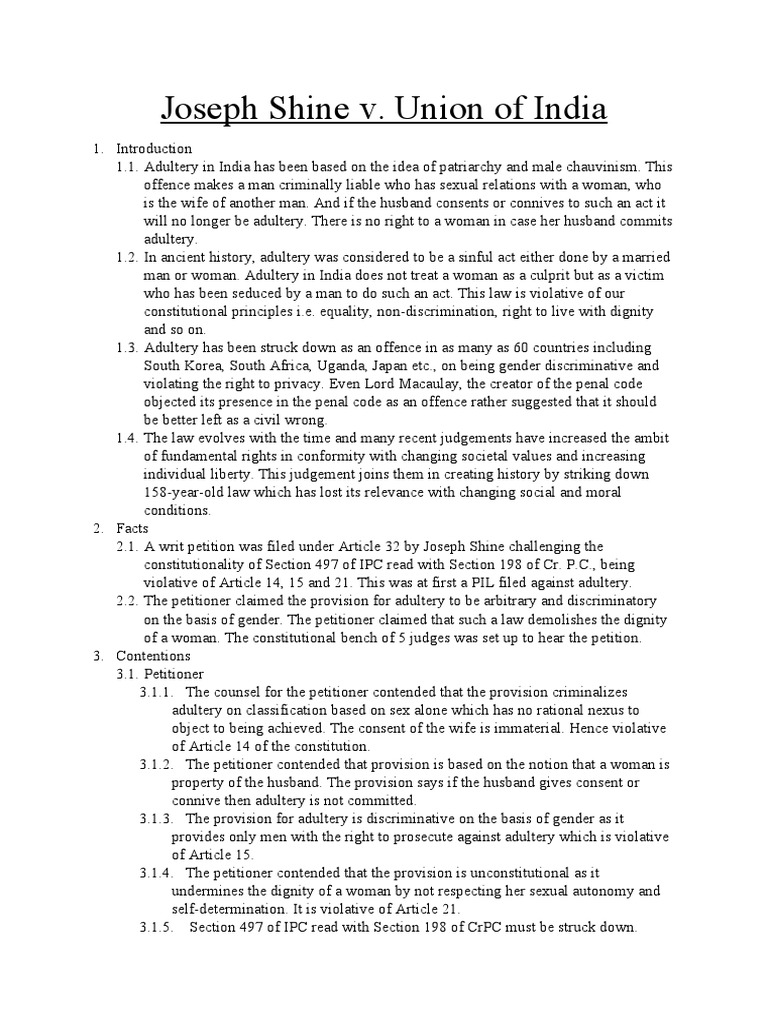 Joseph Shine V Union of India | PDF | Adultery | Crime & Violence