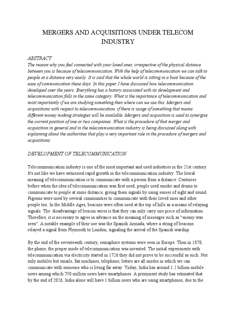 Mergers and Acquisitions Under Telecom Industry-2 | PDF | Mergers And ...
