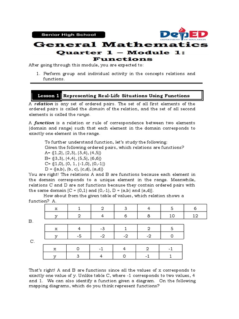 Lesson 1 Representing Real Life Situations Using Functions Pdf Function Mathematics