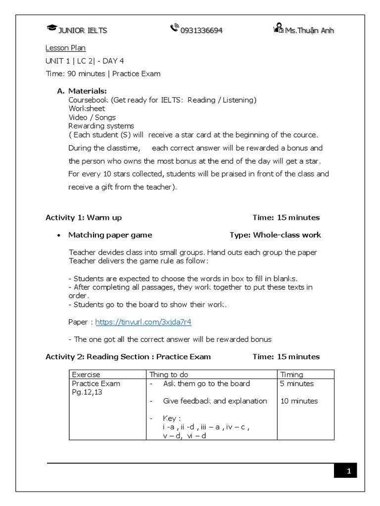 Junior IELTS Lesson Plan Day 4 | PDF | Test (Assessment) | Behavior ...