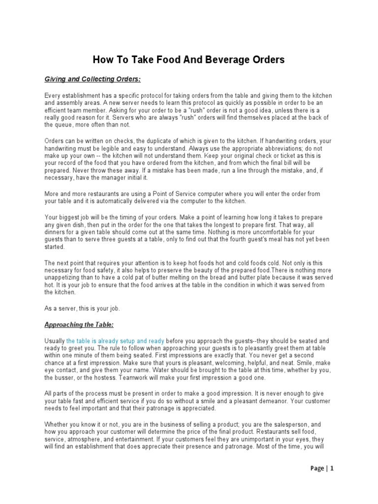 How To Take Food and Beverage Orders | PDF | Menu | Restaurants