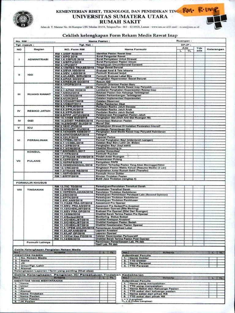 Ceklist Kelengkapan Form Rekam Medis Rawat Inap | PDF