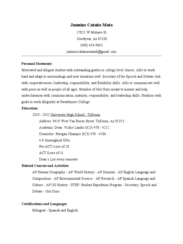 Jasmine Catano Mata Professional Resume 1 | PDF