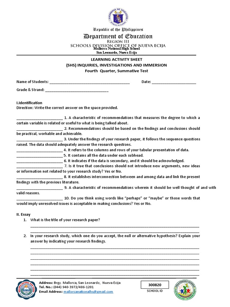 Learning Activity Sheet (SHS) Inquiries, Investigations and Immersion ...