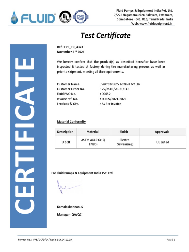 Test Certificate: Fluid Pumps & Equipment India Pvt. LTD | PDF