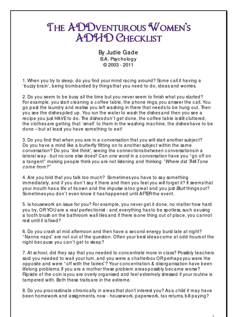 ADDventurous Women ADHD Check List 2011 | PDF | Attention Deficit ...